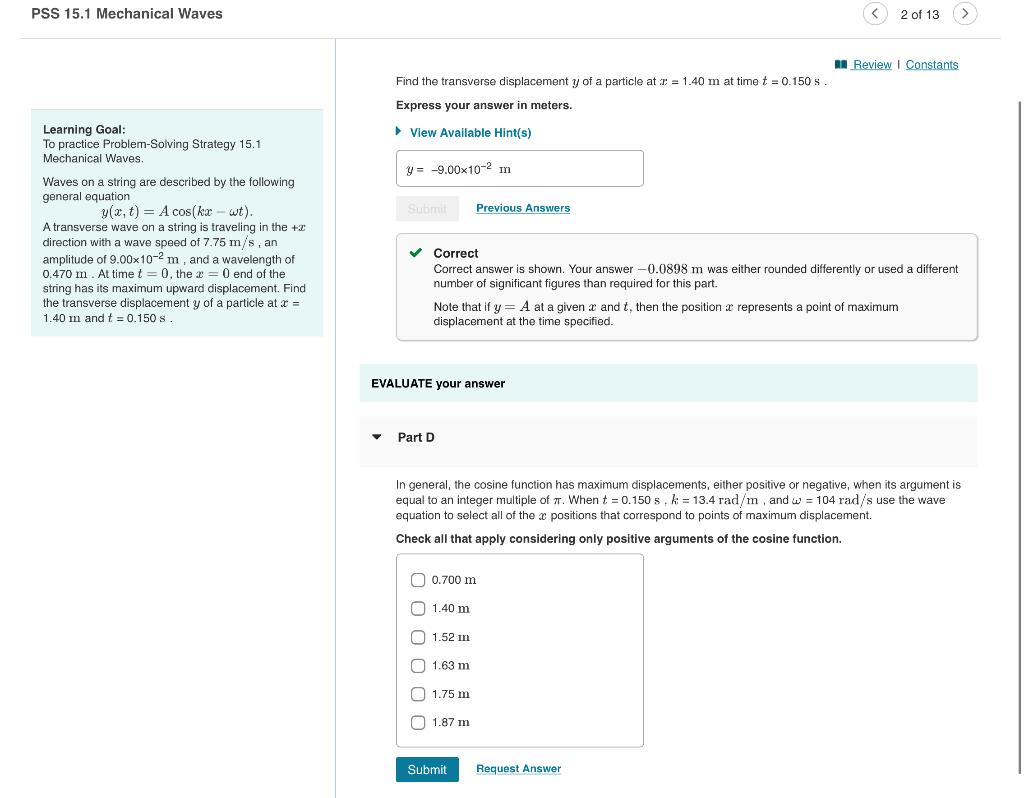 Solved PSS 15.1 Mechanical Waves EVALUATE your answer - Part | Chegg.com