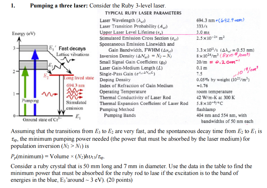 Solved . 10'9cm 1. Pumping a three laser: Consider the Ruby | Chegg.com