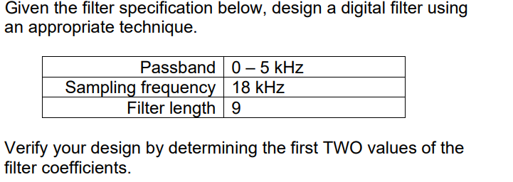 Solved Given the filter specification below, design a | Chegg.com
