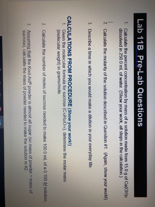 Solved Lab 11B Pre-Lab Questions Calculate the percent | Chegg.com
