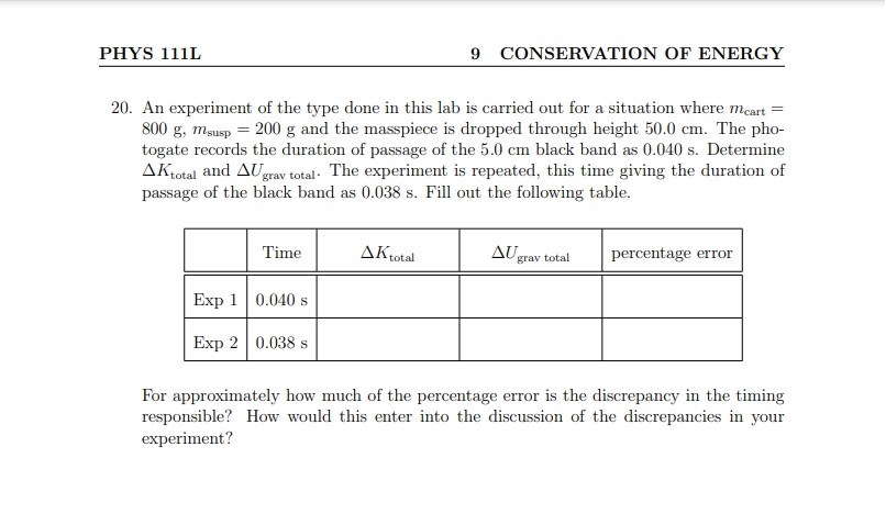 PHYS 111L 9 CONSERVATION OF ENERGY Lab 9 – | Chegg.com