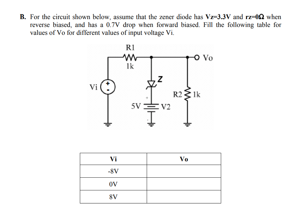 Solved B. For the circuit shown below, assume that the zener | Chegg.com