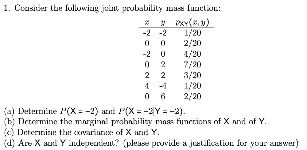 Solved х y 1. Consider the following joint probability mass | Chegg.com