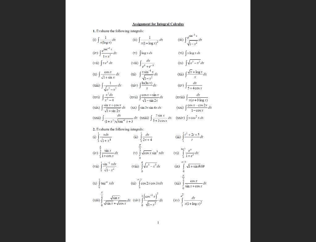Solved Assignment for Integral Calculus 1. Evaluate the | Chegg.com