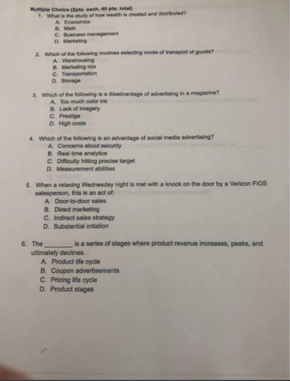 Solved Multiple Choice (2pts, each. 40 pts, total 1. What is | Chegg.com