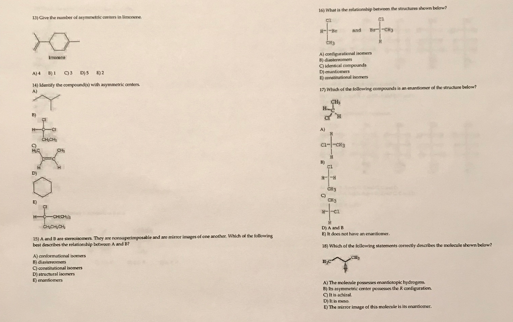 Solved 8) Which of the following compounds is chiral? A) 9) | Chegg.com