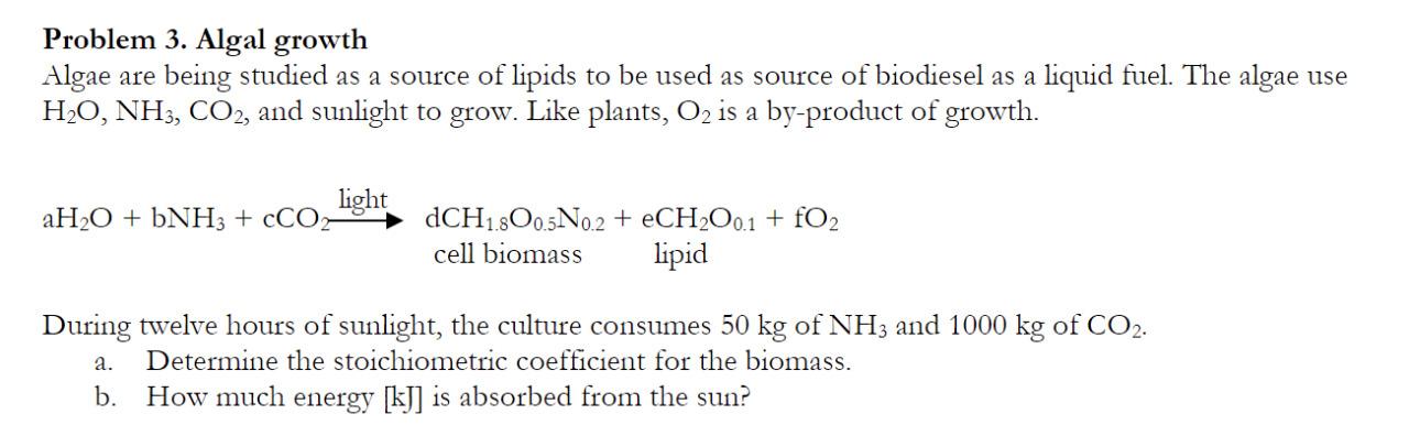 Solved Problem 3. Algal growth Algae are being studied as a | Chegg.com