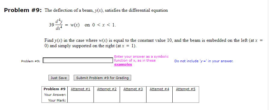 Solved Problem \# 9: The deflection of a beam, y(x), | Chegg.com
