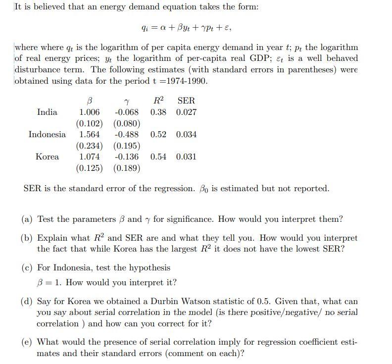 Solved It is believed that an energy demand equation takes | Chegg.com