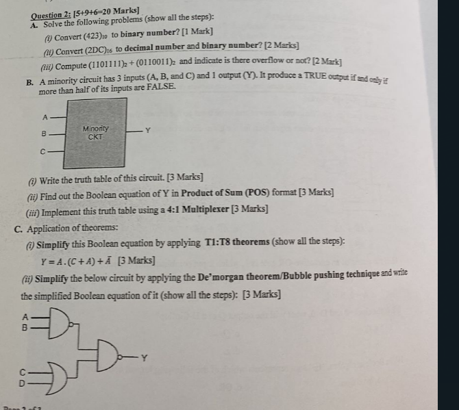 Solved Question 2: [5+9+6=20 Marks ] A. Solve the following | Chegg.com
