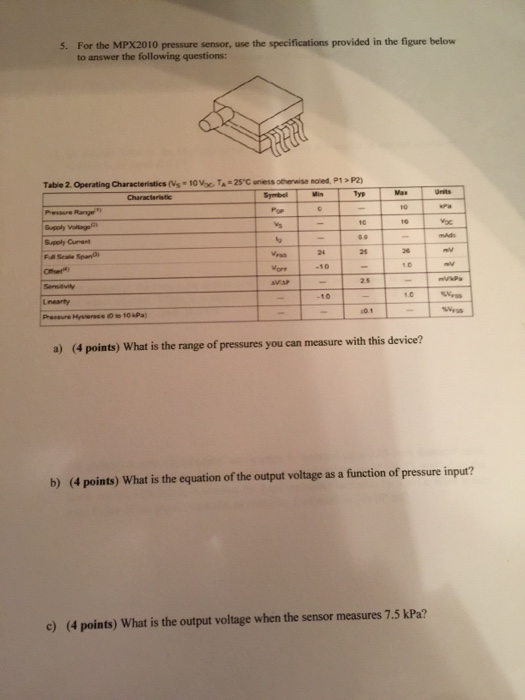Solved For the MPX2010 pressure sensor, use the | Chegg.com