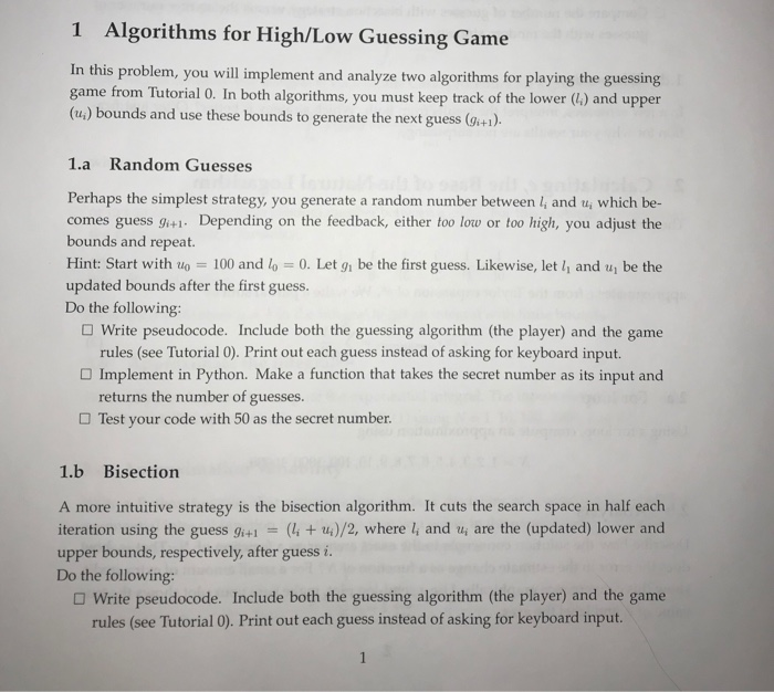 Solved 1 Algorithms For Highlow Guessing Game In This 
