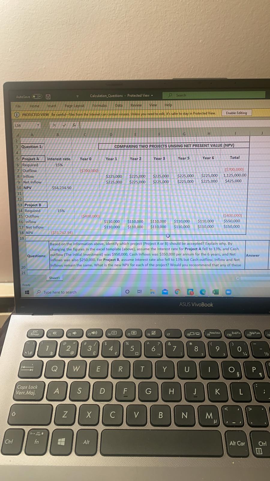 Solved AutoSave o Calculation Questions - Protected View | Chegg.com