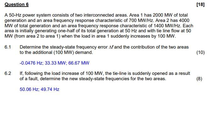 Solved A 50-Hz power system consists of two interconnected | Chegg.com