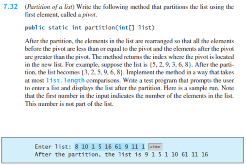 Solved 7.32 (Partition of a list) Write the following method | Chegg.com