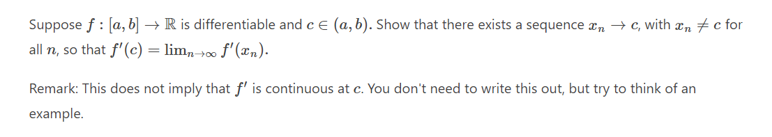Solved Suppose f:[a,b]→R is differentiable and c∈(a,b). Show | Chegg.com