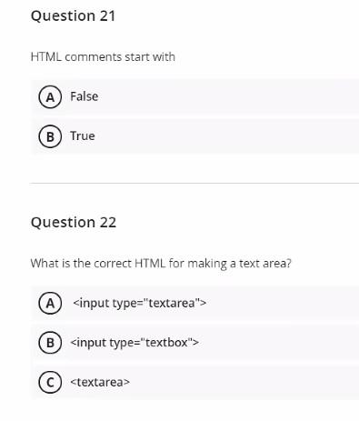 Solved Question 21 HTML comments start with A False B True | Chegg.com
