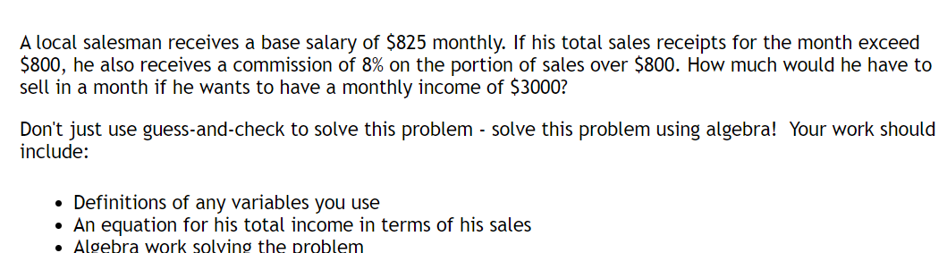 Solved A local salesman receives a base salary of $825 | Chegg.com