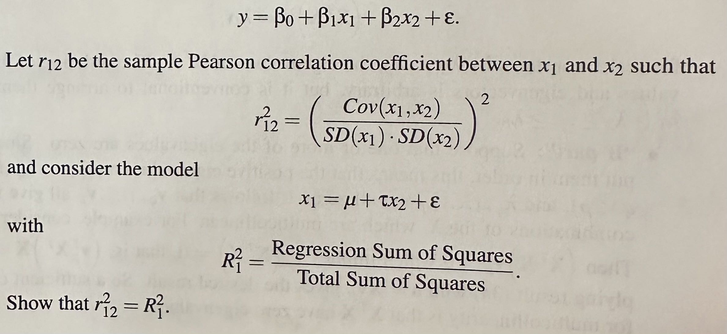 Solved y=β0+β1x1+β2x2+ε. Let r12 be the sample Pearson | Chegg.com