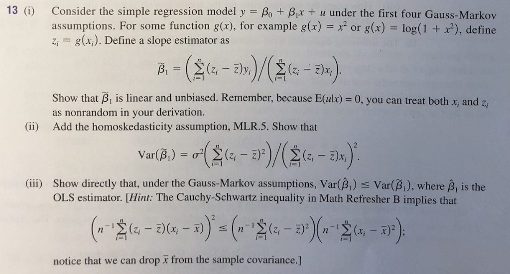 Solved 13 i) Consider the simple regression model y o Bi + u | Chegg.com