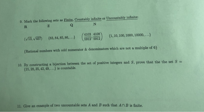 Solved 9. Mark the following sets as Finite, Countably | Chegg.com