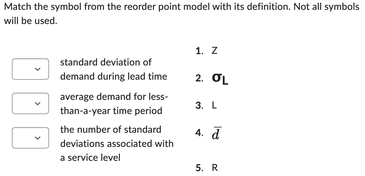 Solved Match the symbol from the reorder point model with | Chegg.com