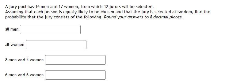 Solved A jury pool has 16 men and 17 women, from which 12 | Chegg.com