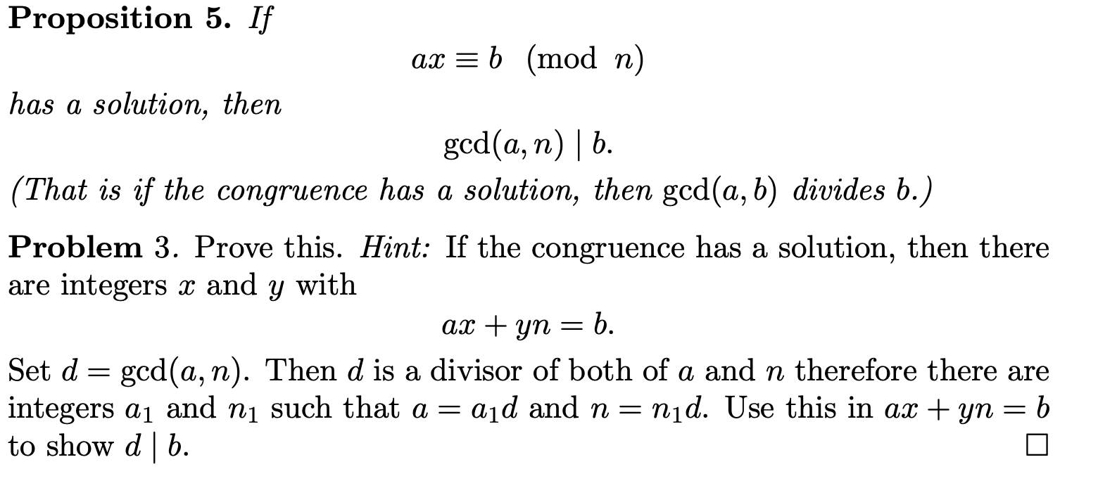 Solved Proposition 5. If ax = b (mod n) has a solution, then | Chegg.com