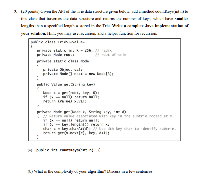 Solved 7. (20 points) Given the API of the Trie data | Chegg.com