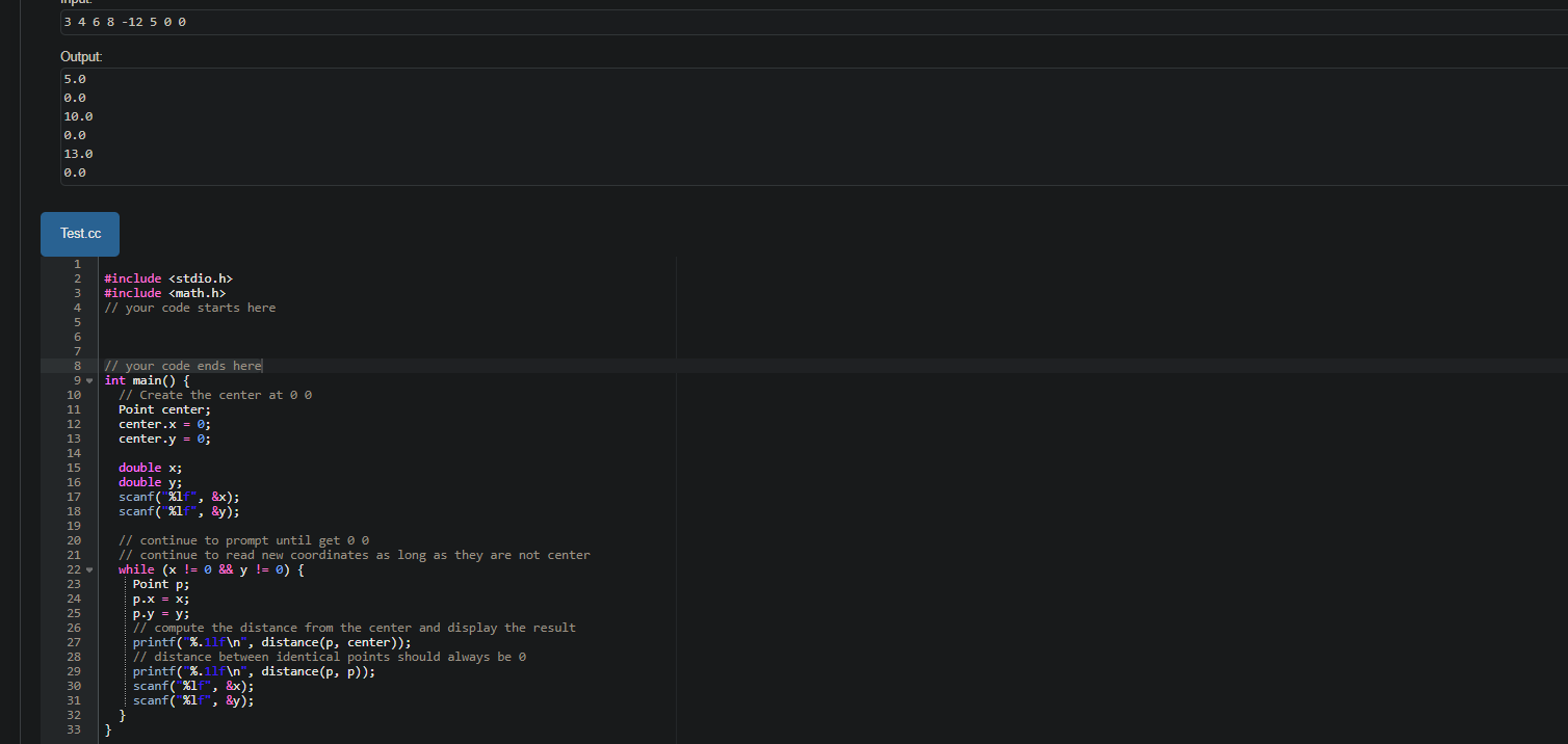 Solved 3 4 6 8 -12 5 0 0 Output: 5.0 0.0 10.0 0.0 13.0 0.0 | Chegg.com