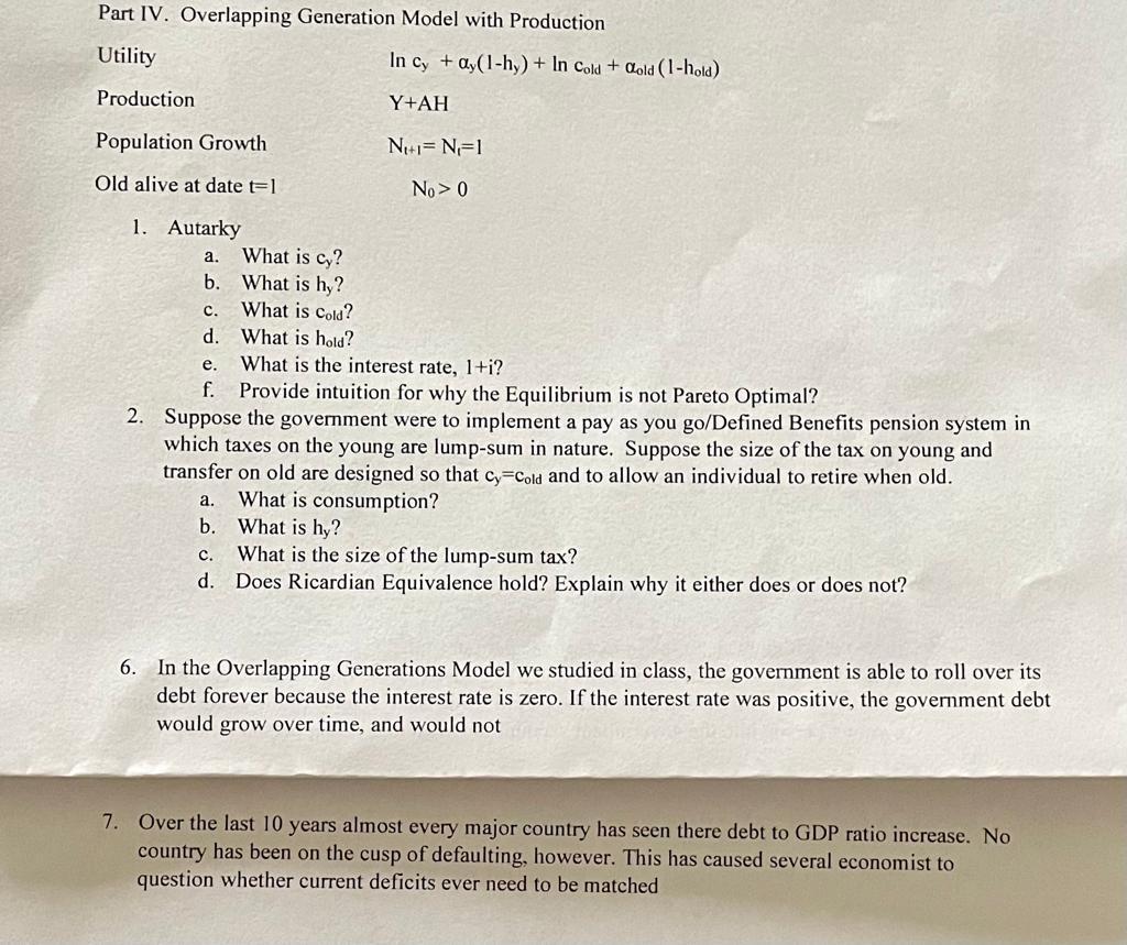 Solved Part IV. Overlapping Generation Model with Production | Chegg.com