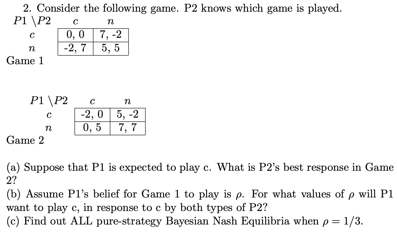 Solved Consider the following game. P2 ﻿knows which game is | Chegg.com