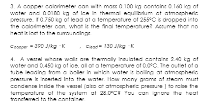 Solved 3. A copper calorimeter can with mass 0.100 kg | Chegg.com