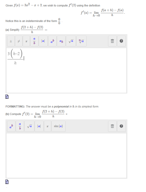 Solved Given f(x) = 3x^2-x +2, we wish to compute f'(2) | Chegg.com