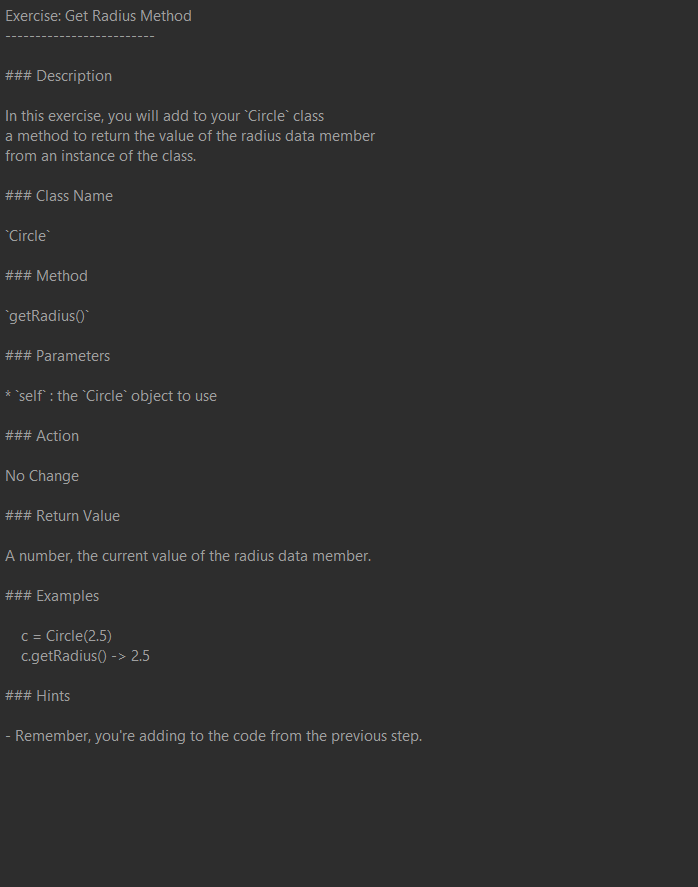 Exercise Get Radius Method Description In This Exercise You Will Add To Your Circle Class