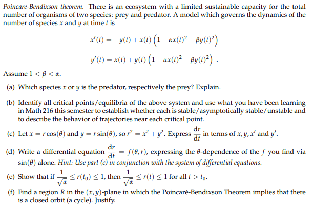 Solved Poincare-Bendixson theorem. There is an ecosystem | Chegg.com