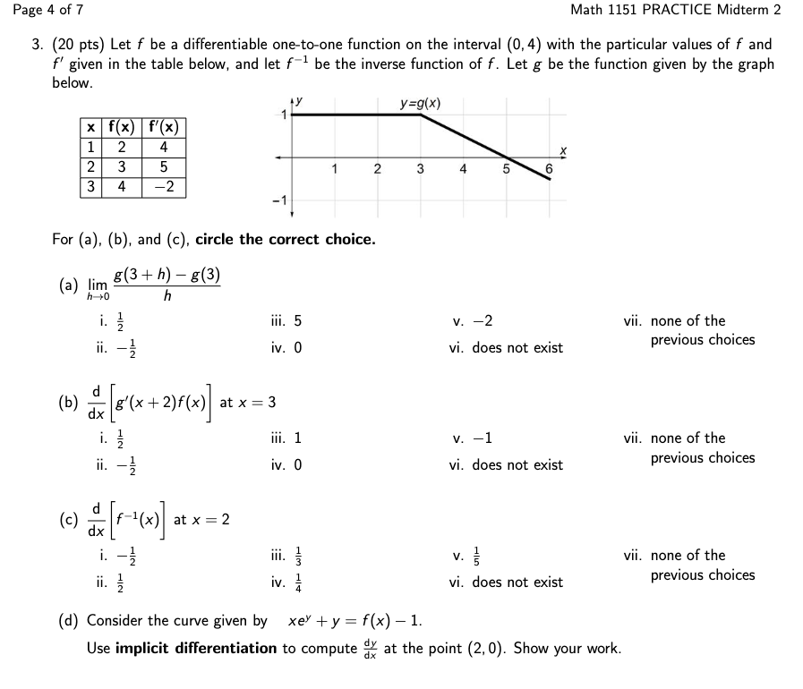 Solved Page 4 of 7 Math 1151 PRACTICE Midterm 2 3. (20 pts) | Chegg.com