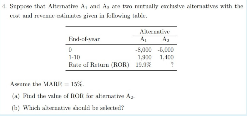Solved 1. Use the rate of return values of the equipment | Chegg.com