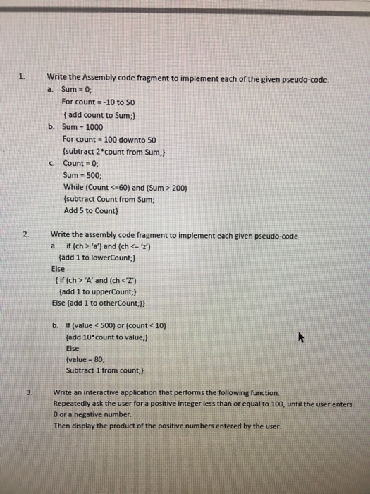 Solved Write the Assembly code fragment to implement each of | Chegg.com