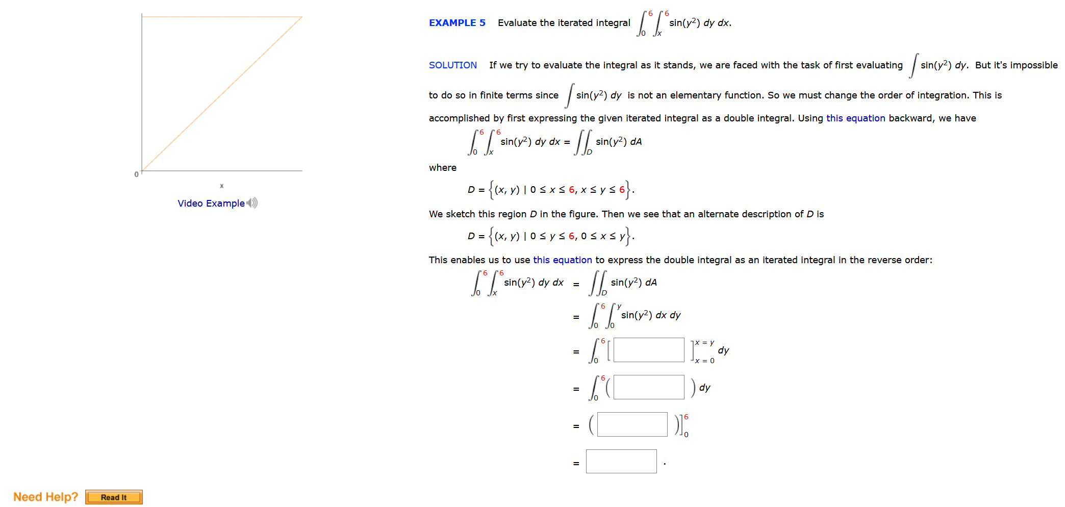 Solved EXAMPLE 5 Evaluate the iterated integral 6919 sin(y2) | Chegg.com