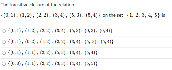 Solved The transitive closure of the relation {(0,1), (1, | Chegg.com