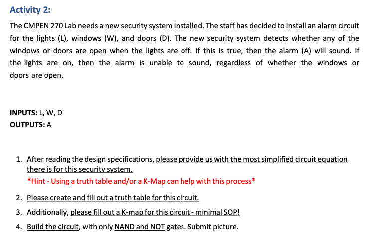 Solved Activity 2: The CMPEN 270 Lab needs a new security | Chegg.com