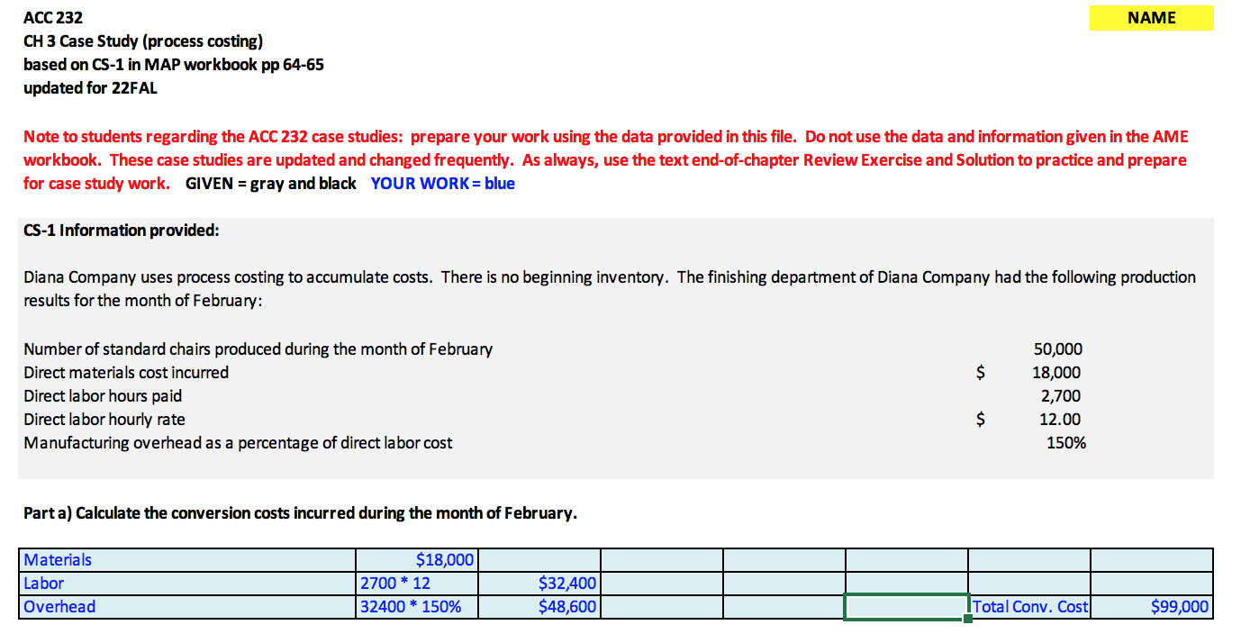 ACC 232 CH 3 Case Study (process costing) based on | Chegg.com