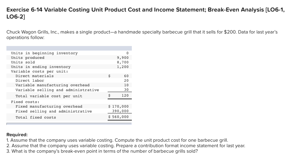Solved Exercise 6-14 Variable Costing Unit Product Cost and | Chegg.com