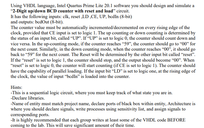 Solved Using Vhdl Language Intel Quartus Prime Lite 201