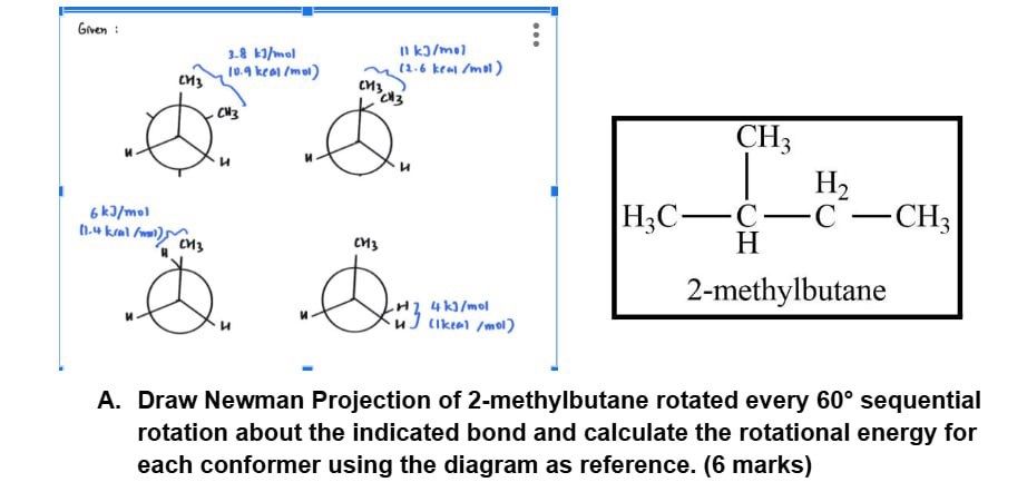 Solved A. ﻿Draw Newman Projection of 2-methylbutane rotated | Chegg.com
