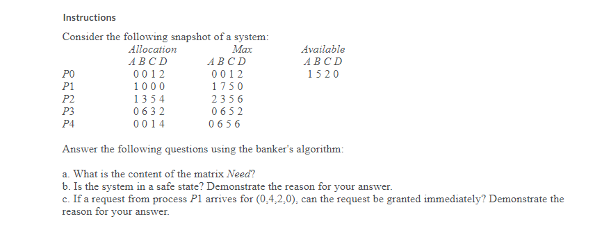 Solved Instructions Consider the following snapshot of a | Chegg.com
