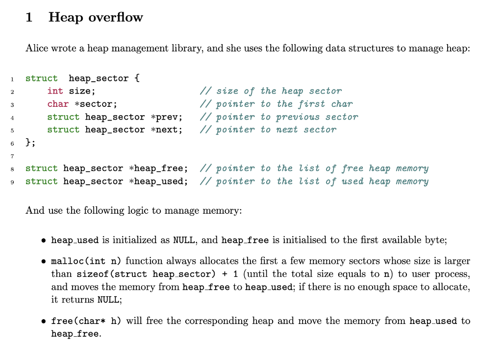 1 Heap overflow Alice wrote a heap management | Chegg.com