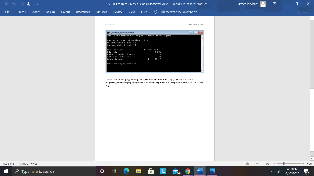 Solved CS120_Program3_MovieTickets (Protected View) - Word | Chegg.com