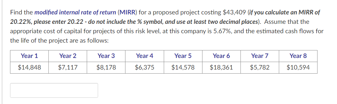 Solved Find the modified internal rate of return (MIRR) for | Chegg.com